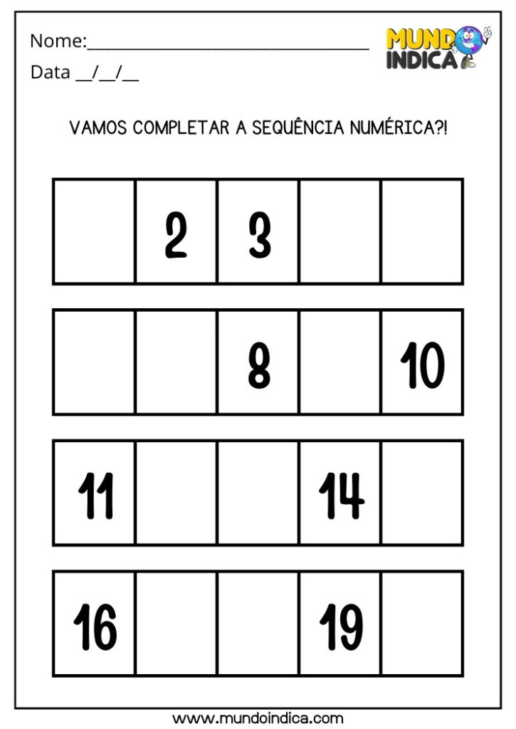 10 Atividades com Sequência Numérica para Educação Infantil