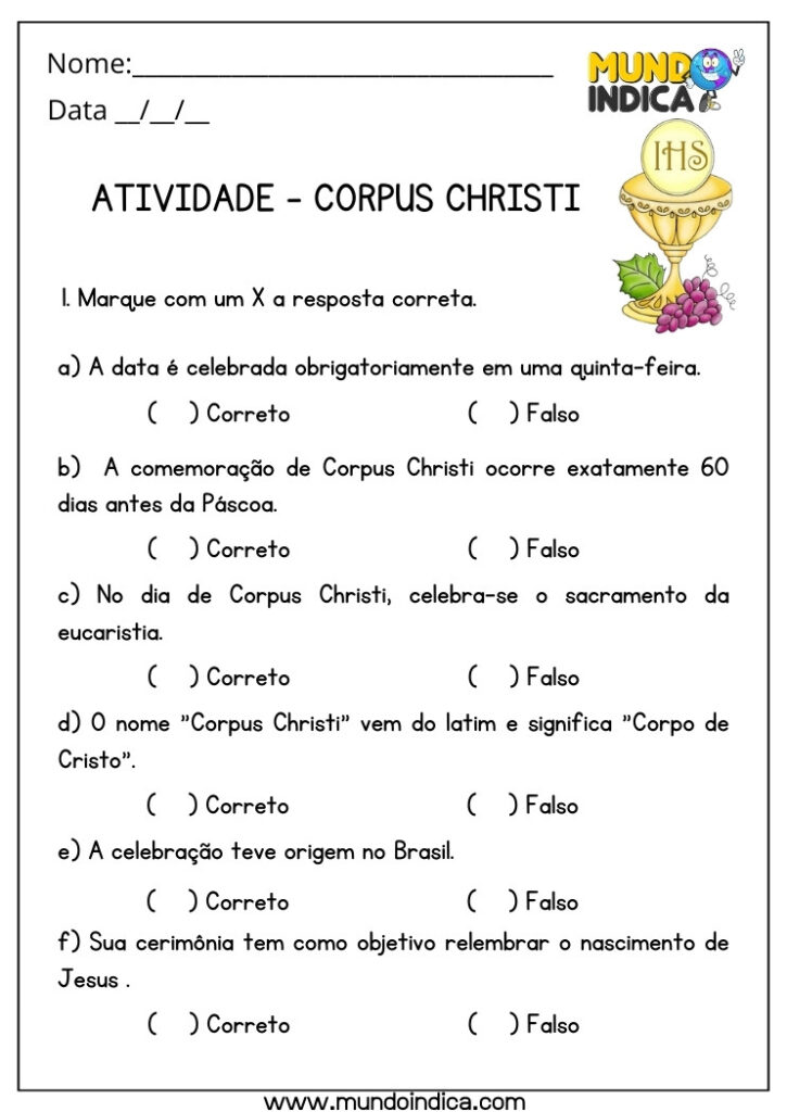 5 Atividades de Corpus Christi para Imprimir