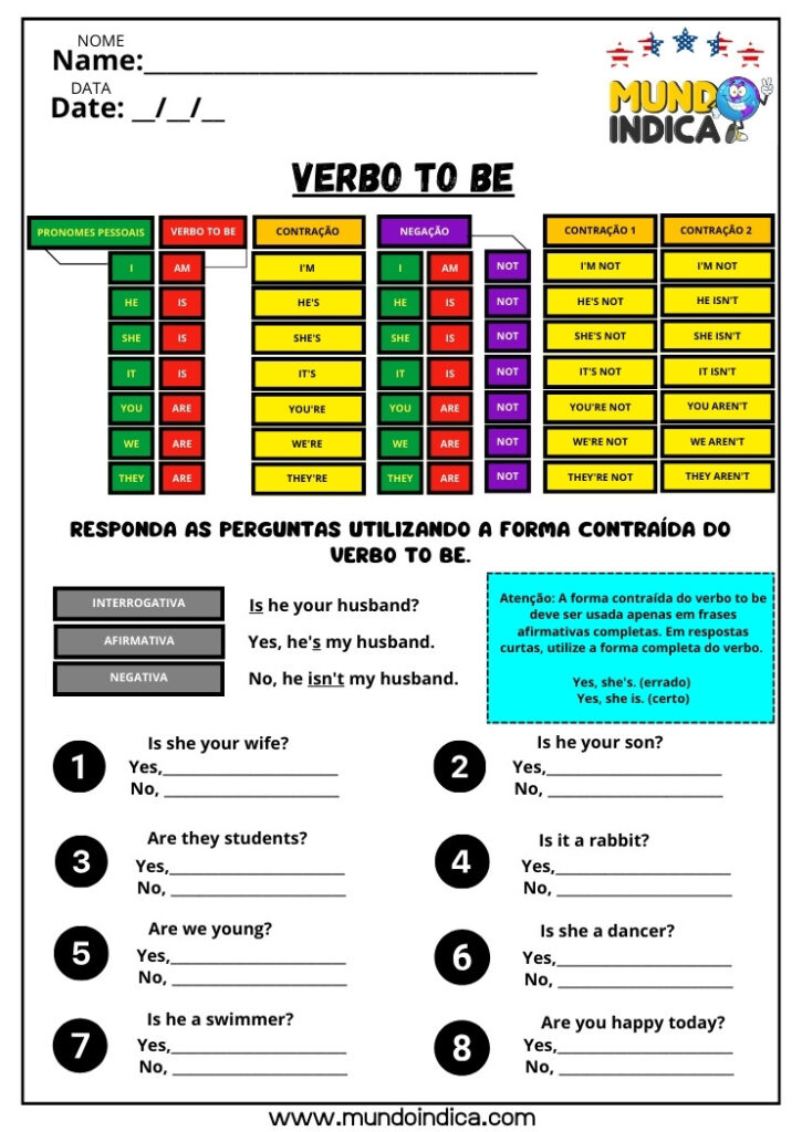 5 Atividades de Inglês com o Verbo to Be para Imprimir