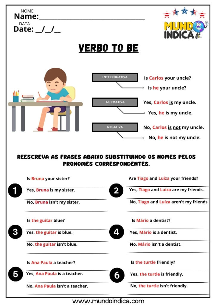 5 Atividades de Inglês com o Verbo to Be para Imprimir