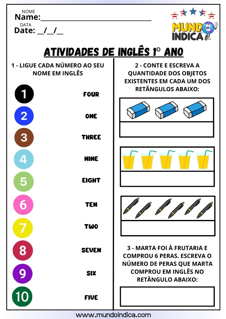 10 Atividades de Inglês para o 1° Ano para Imprimir