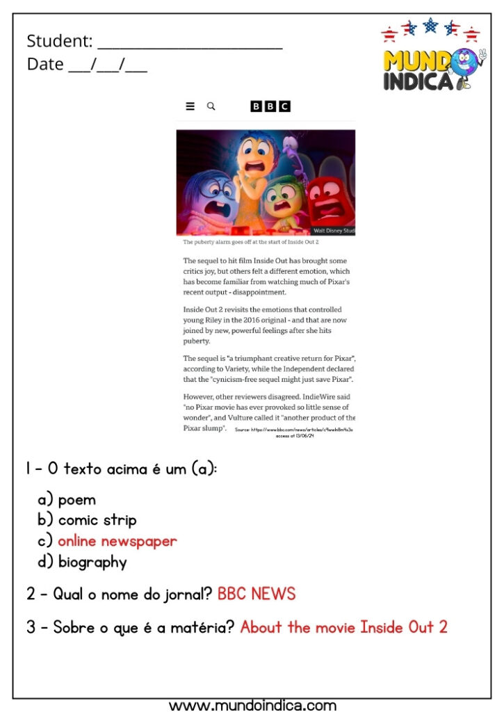 10 Atividades de Inglês 9 Ano com Respostas