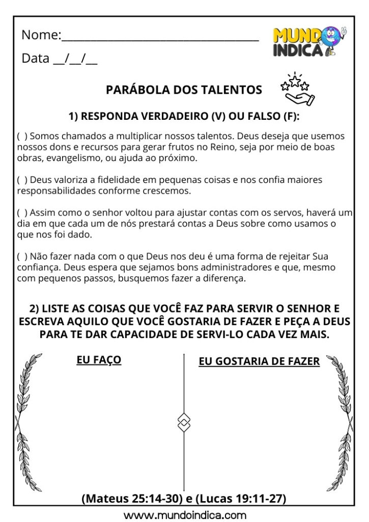 10 Atividades Bíblicas sobre a Parábola dos Talentos