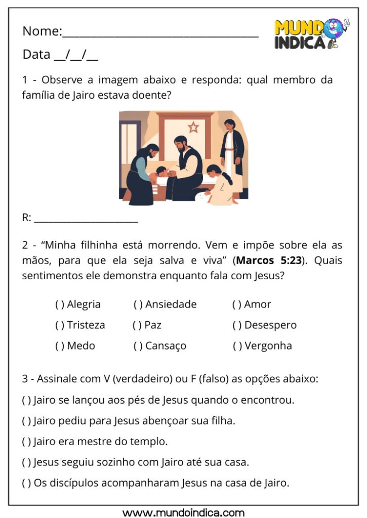 5 Atividades Bíblicas sobre a Filha de Jairo para Imprimir