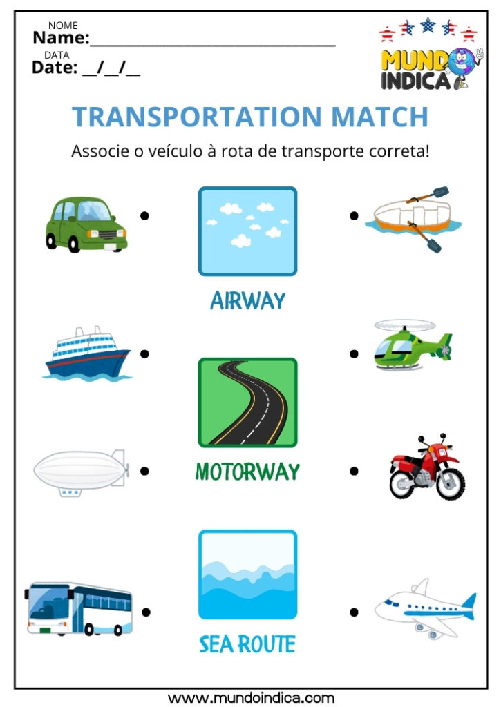 10 Atividades de Inglês sobre Meios de Transporte para Imprimir