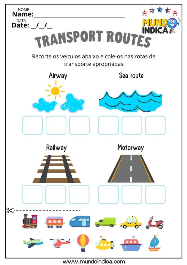 10 Atividades de Inglês sobre Meios de Transporte para Imprimir