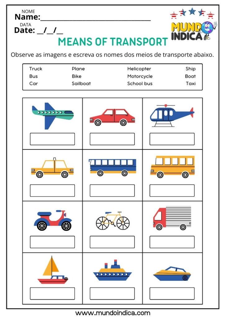 10 Atividades de Inglês sobre Meios de Transporte para Imprimir