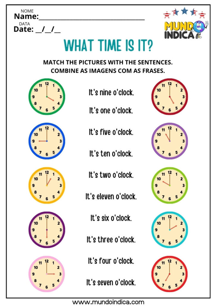 11 Atividades de Inglês sobre Horas para Imprimir