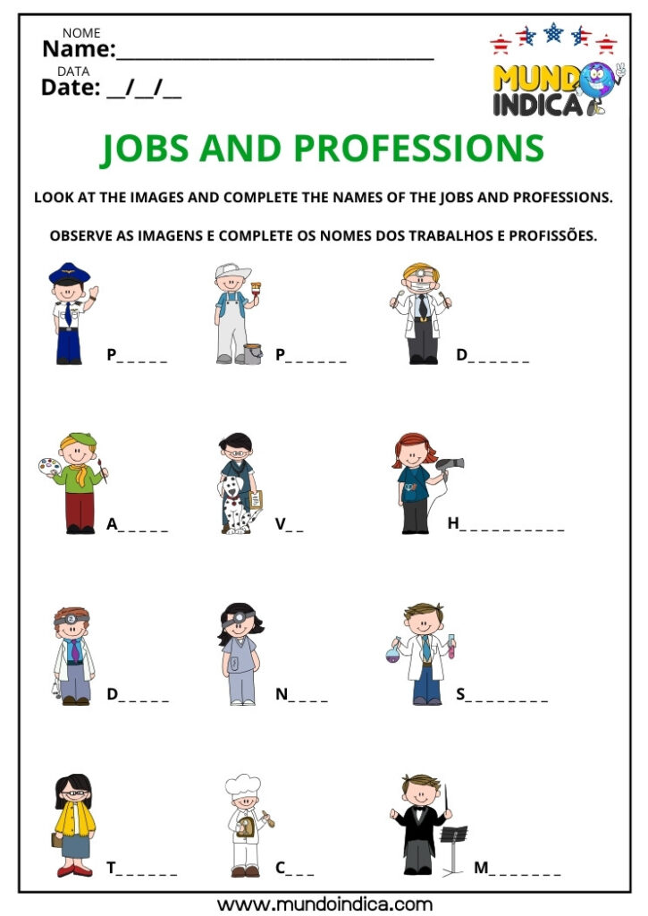 8 Atividades de Inglês sobre Profissões para Imprimir