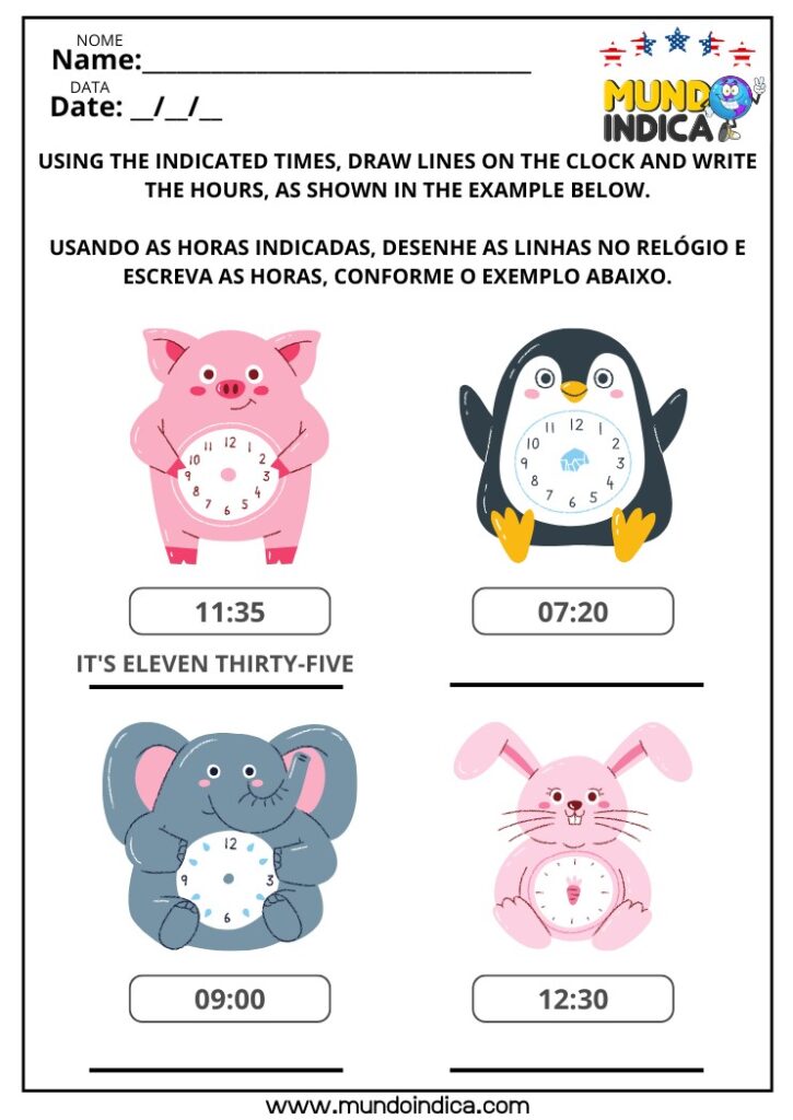 11 Atividades de Inglês sobre Horas para Imprimir