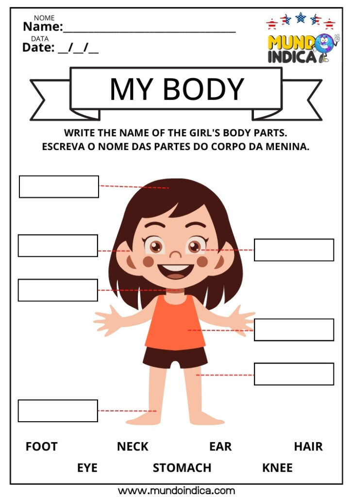 10 Atividades de Inglês sobre Partes do Corpo Humano para Imprimir