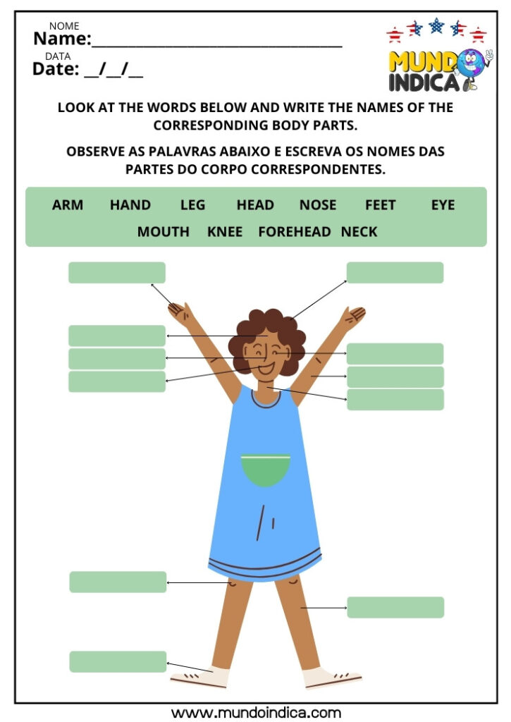 10 Atividades de Inglês sobre Partes do Corpo Humano para Imprimir