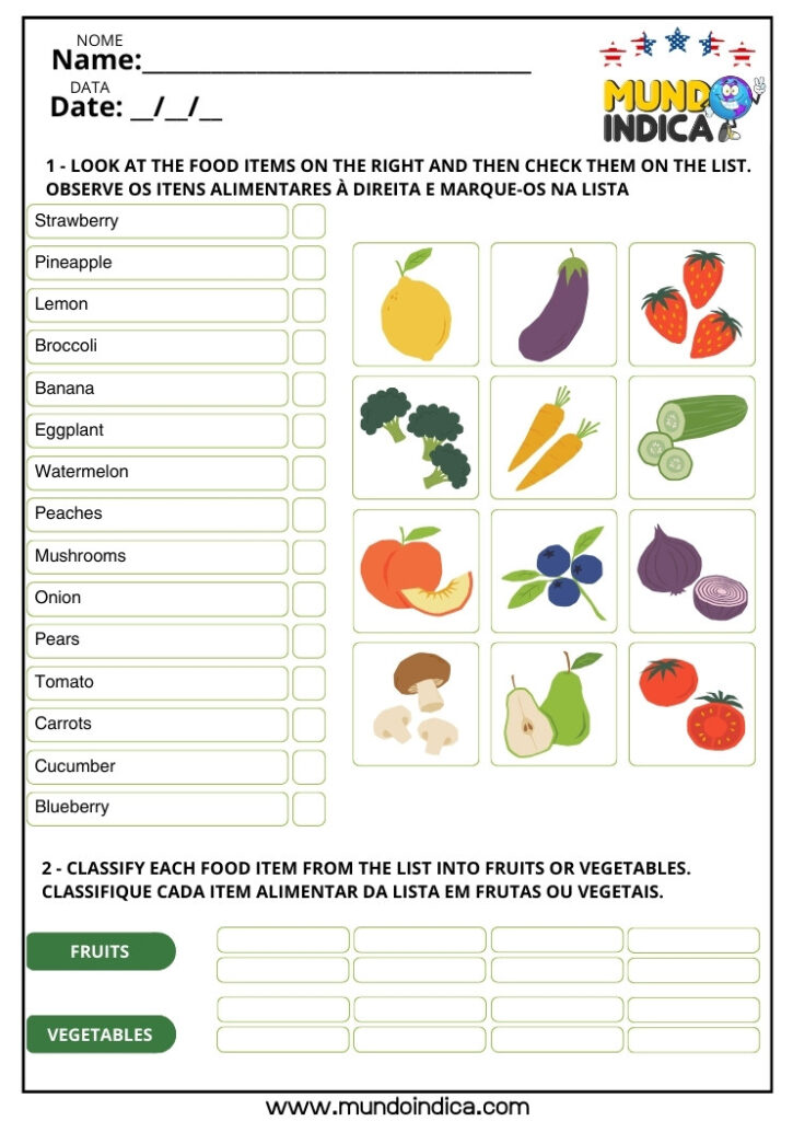 7 Atividades de Inglês com Frutas e Vegetais para Imprimir