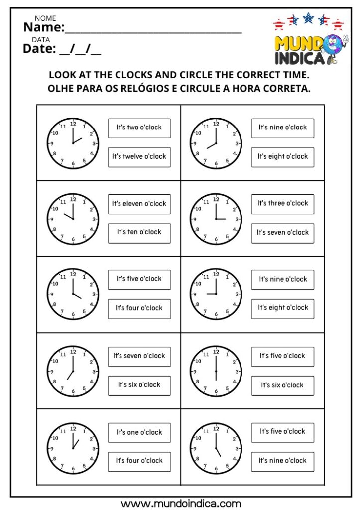 11 Atividades de Inglês sobre Horas para Imprimir