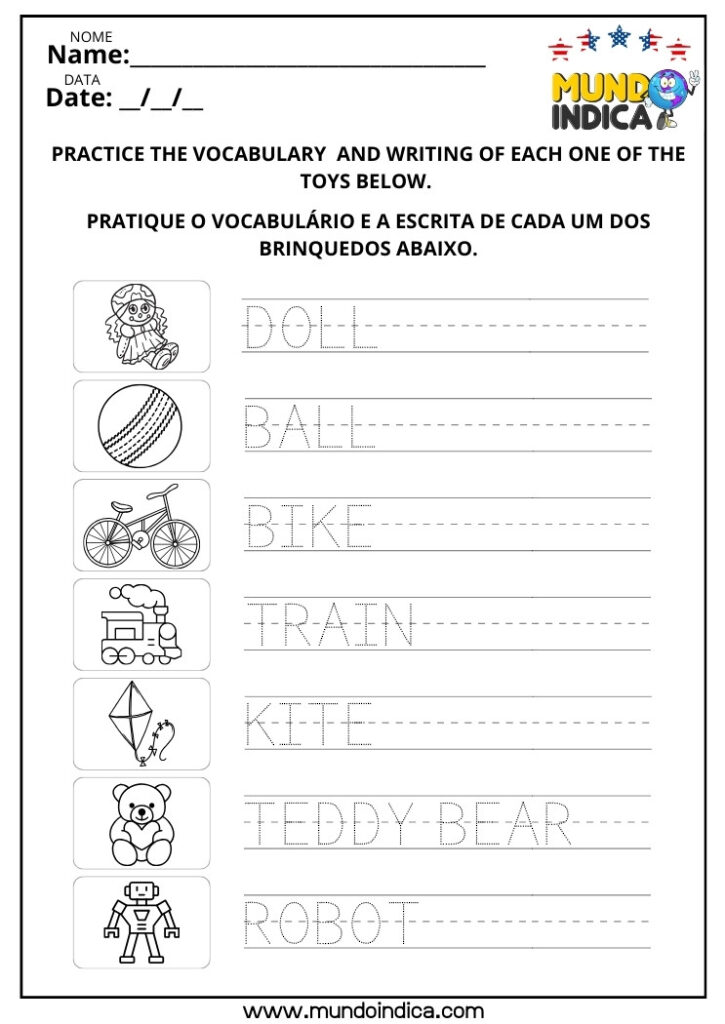 10 Atividades de Inglês sobre Brinquedos para Imprimir
