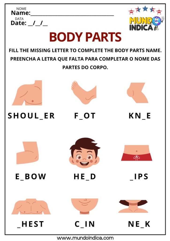 10 Atividades de Inglês sobre Partes do Corpo Humano para Imprimir