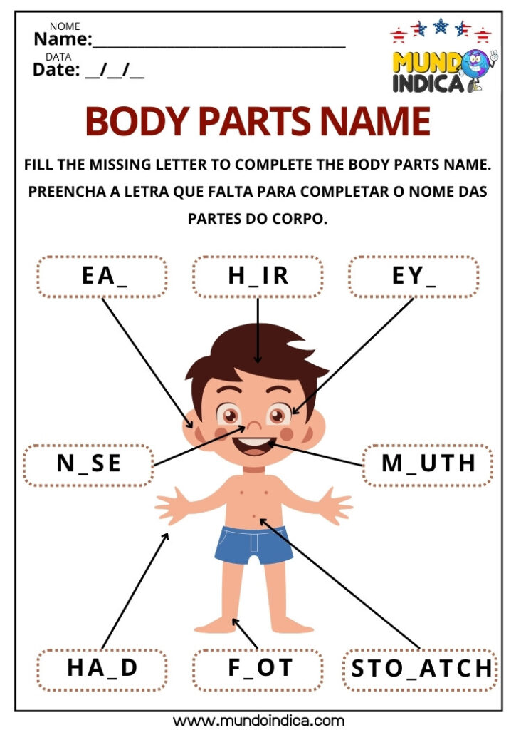 10 Atividades de Inglês sobre Partes do Corpo Humano para Imprimir