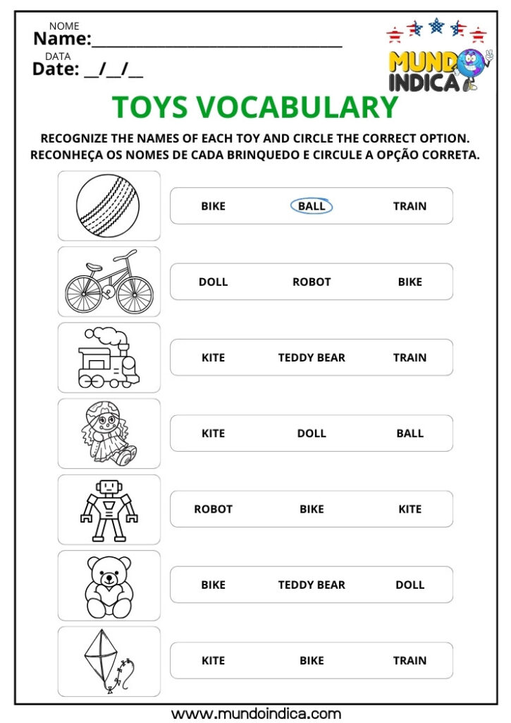 10 Atividades de Inglês sobre Brinquedos para Imprimir