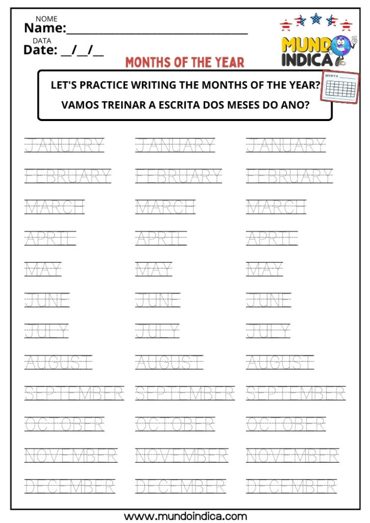 9 Atividades de Inglês sobre Meses do Ano para Imprimir