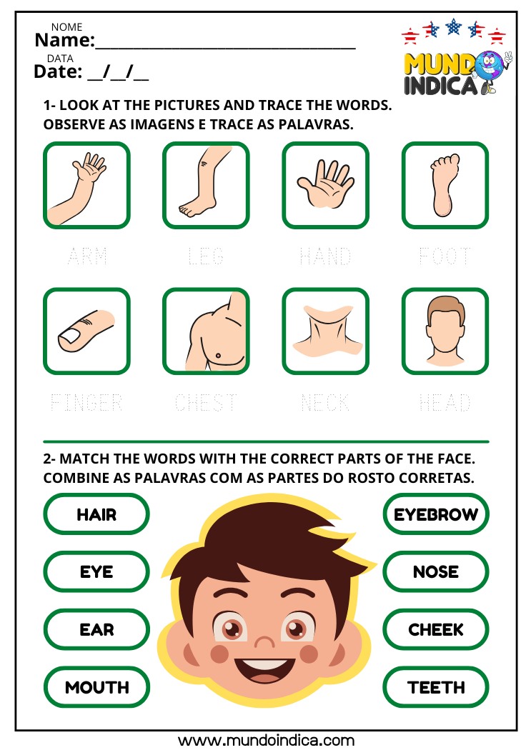 10 Atividades de Inglês sobre Partes do Corpo Humano para Imprimir