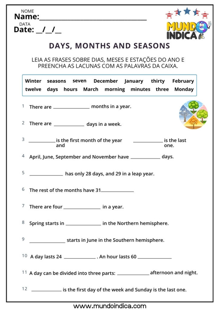 10 Atividades de Inglês sobre Dias da Semana para Imprimir