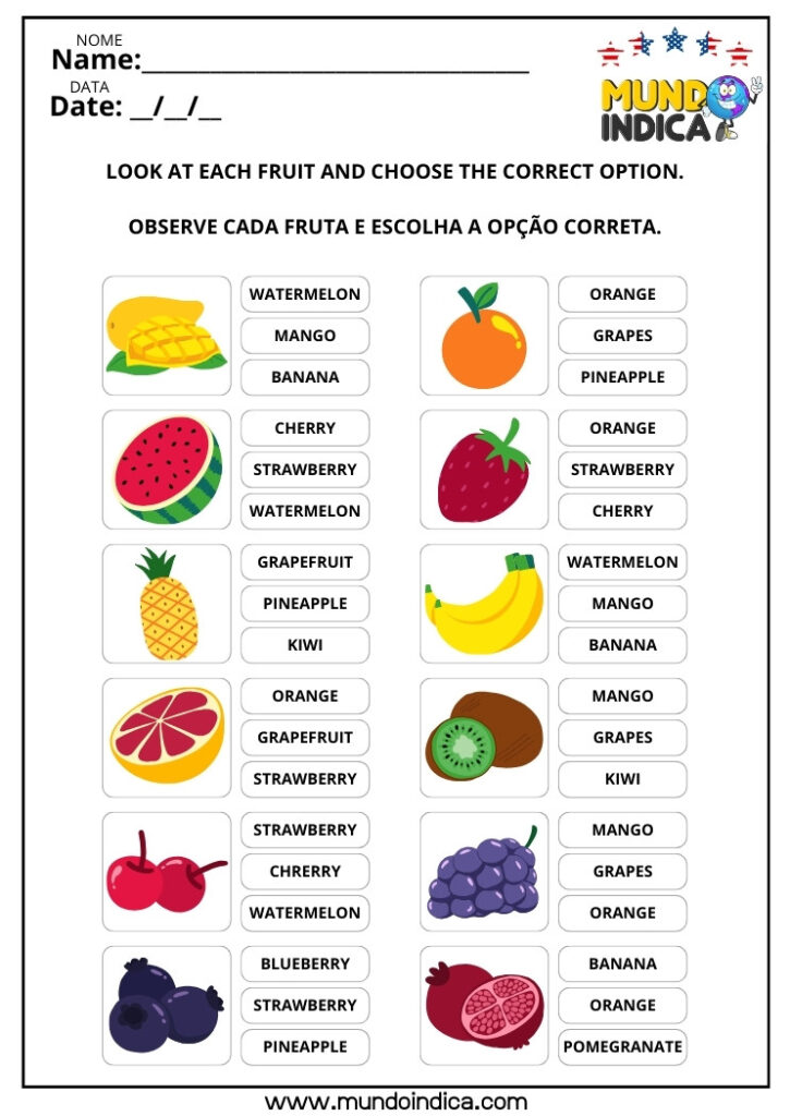 7 Atividades de Inglês com Frutas e Vegetais para Imprimir