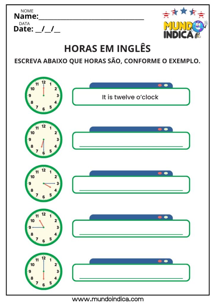 11 Atividades de Inglês sobre Horas para Imprimir