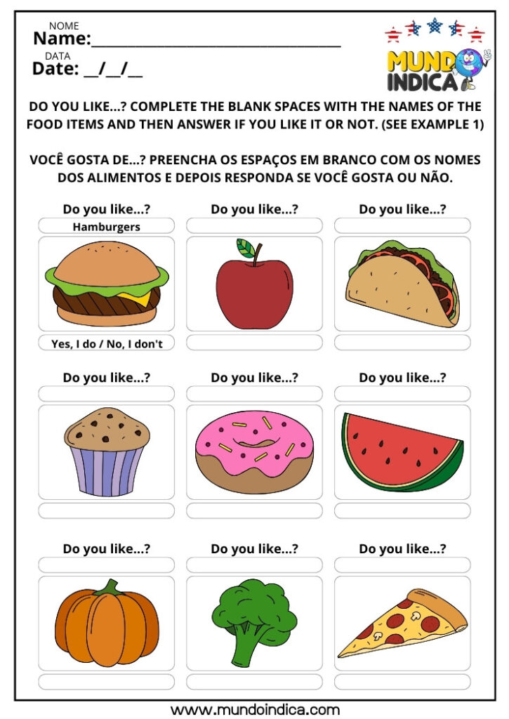 12 Atividades de Inglês sobre Alimentos para Imprimir