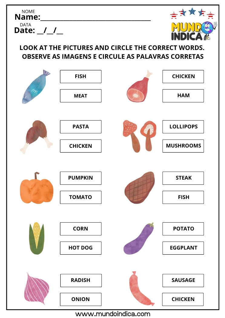 12 Atividades de Inglês sobre Alimentos para Imprimir