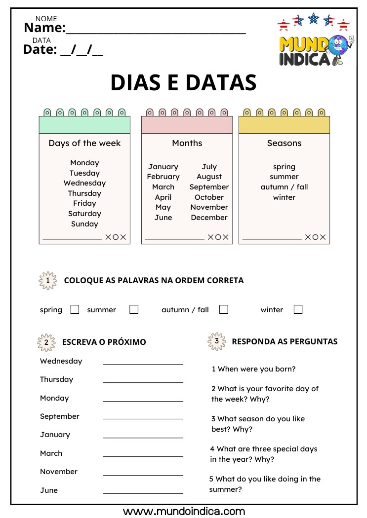 10 Atividades de Inglês sobre Dias da Semana para Imprimir