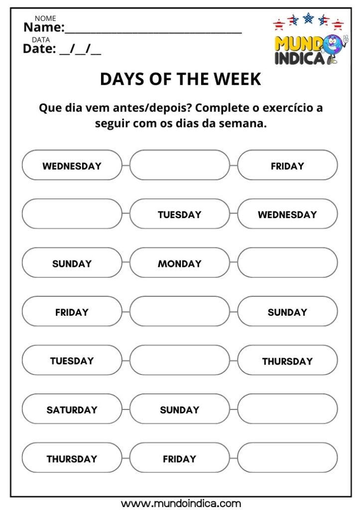 10 Atividades de Inglês sobre Dias da Semana para Imprimir