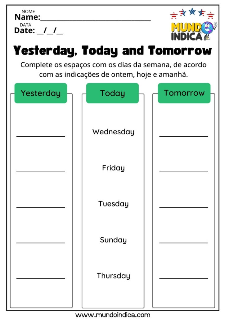 10 Atividades de Inglês sobre Dias da Semana para Imprimir