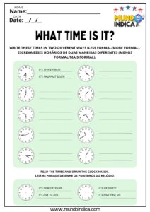 11 Atividades de Inglês sobre Horas para Imprimir