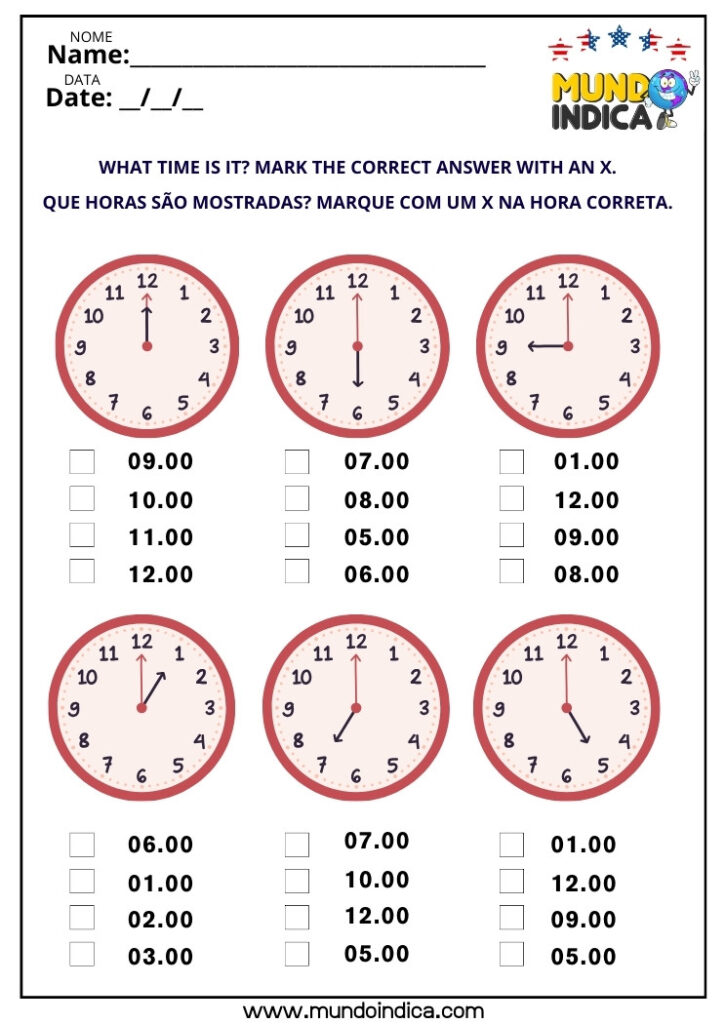 11 Atividades de Inglês sobre Horas para Imprimir