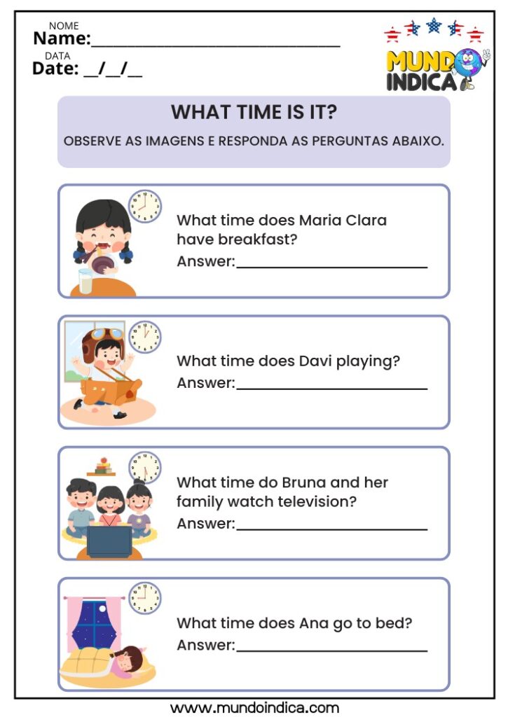 11 Atividades de Inglês sobre Horas para Imprimir