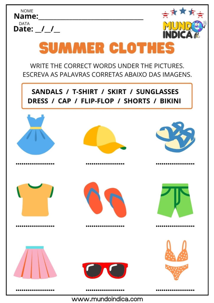 7 Atividades de Inglês sobre Roupas para Imprimir