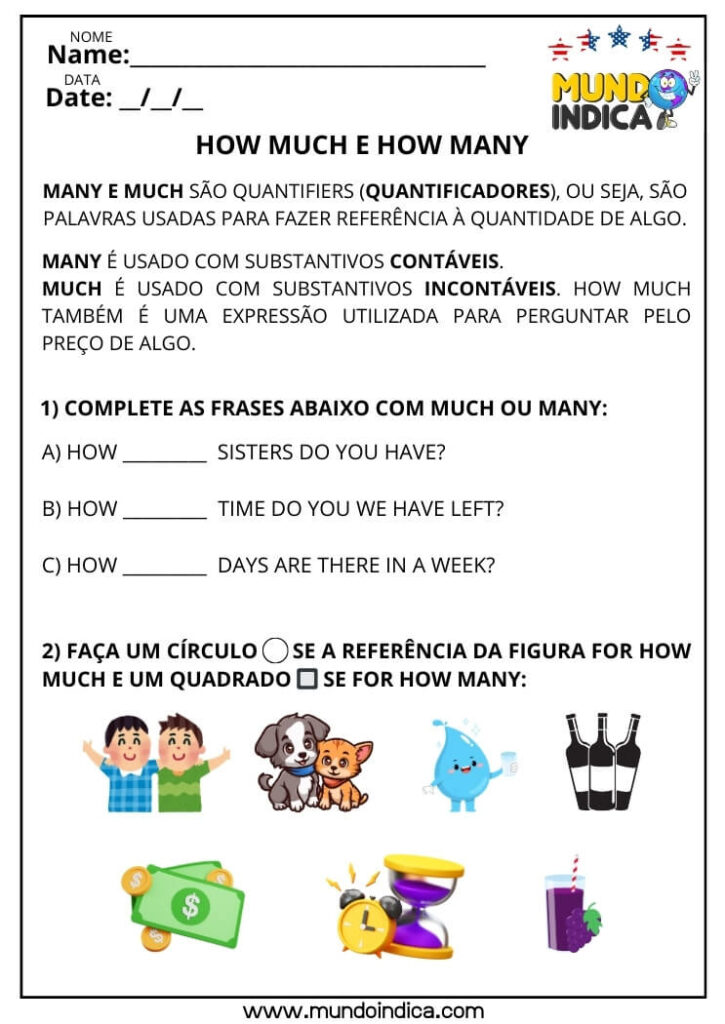 5 Atividades de Inglês sobre How Much e How Many para Imprimir