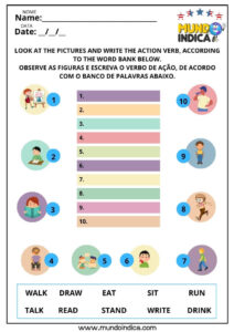 10 Atividades de Inglês com Verbos de Ação para Imprimir