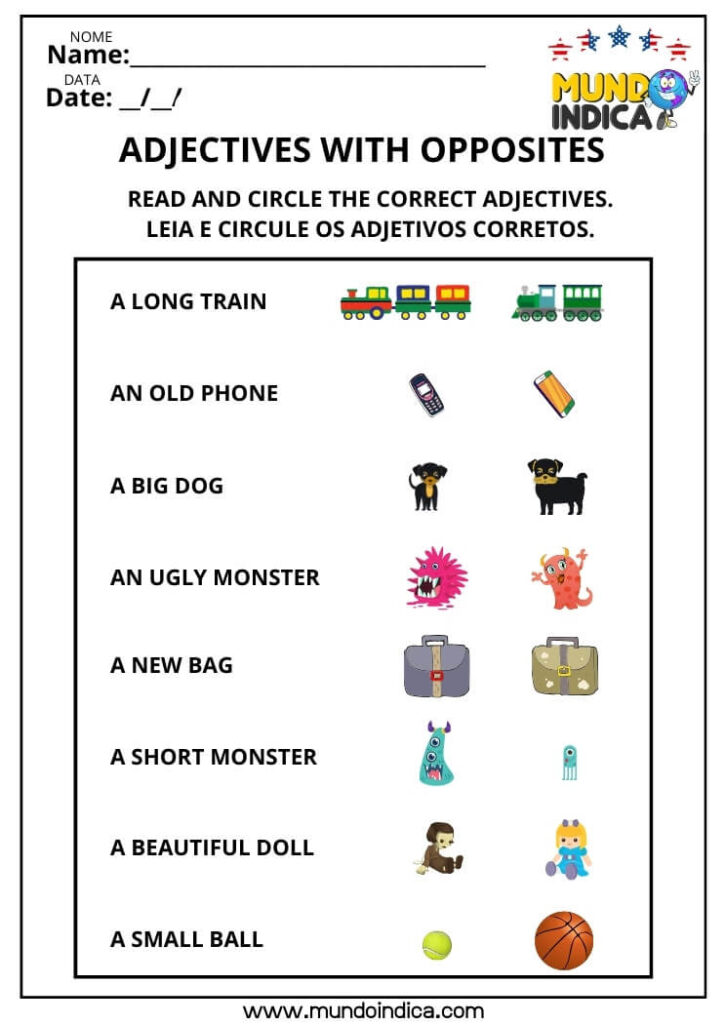 7 Atividades de Inglês sobre Adjetivos para Imprimir