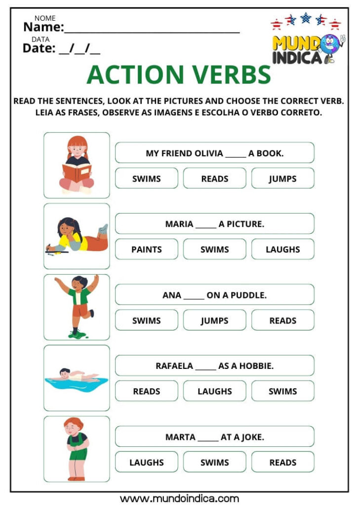 10 Atividades de Inglês com Verbos de Ação para Imprimir