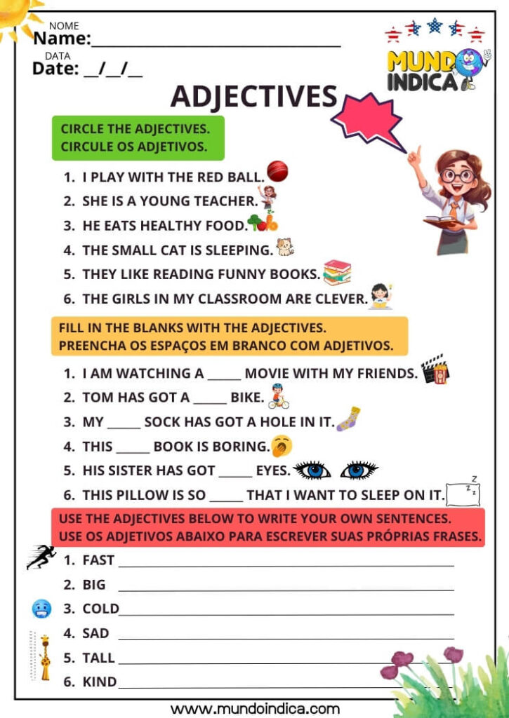 7 Atividades de Inglês sobre Adjetivos para Imprimir