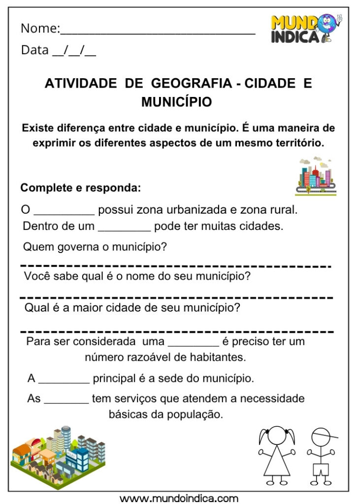 8 Atividades de Geografia sobre Bairro, Cidade e Município para Imprimir