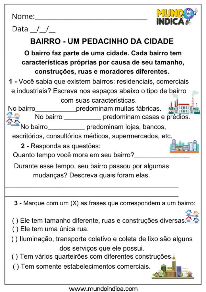 8 Atividades de Geografia sobre Bairro, Cidade e Município para Imprimir
