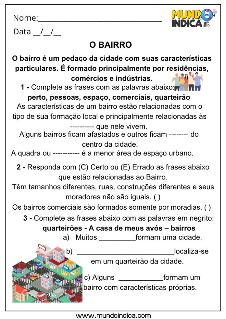 8 Atividades de Geografia sobre Bairro, Cidade e Município para Imprimir