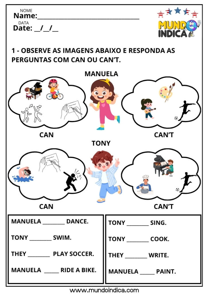 8 Atividades de Inglês sobre Can ou Can't para Imprimir