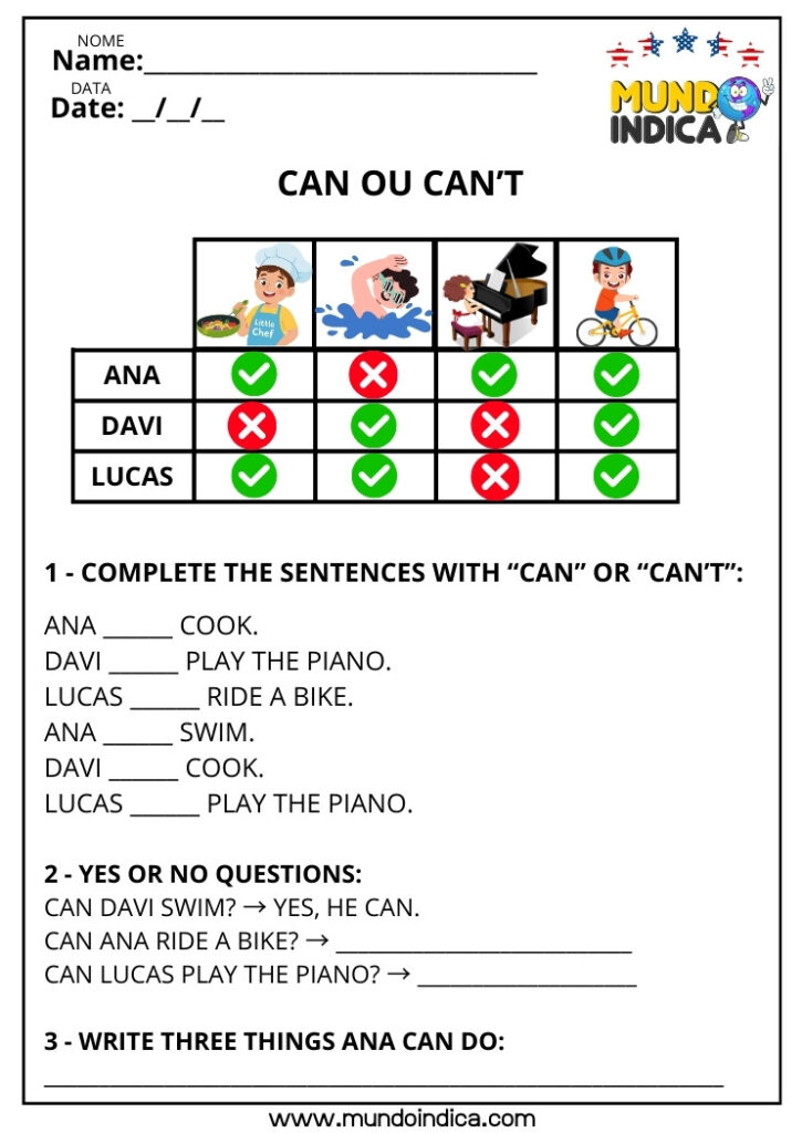8 Atividades de Inglês sobre Can ou Can't para Imprimir